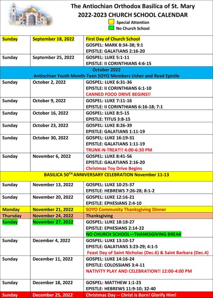 Church School Calendar 2022-2023 - The Basilica of St. Mary